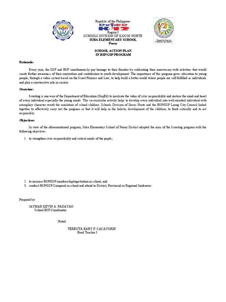 Suba Elementary School Paoay School Action Plan in BSP/GSP Program Rationale | PDF | Behavior ...