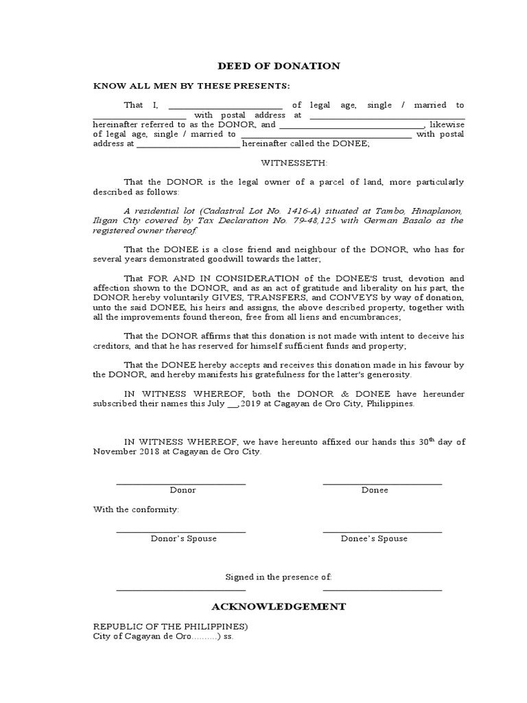 Deed of Donation Sample | PDF | Deed | Urban