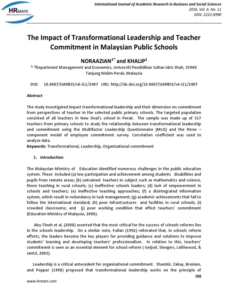 The Impact of Transformational Leadership and Teacher Commitment in Malaysian Public Schools ...