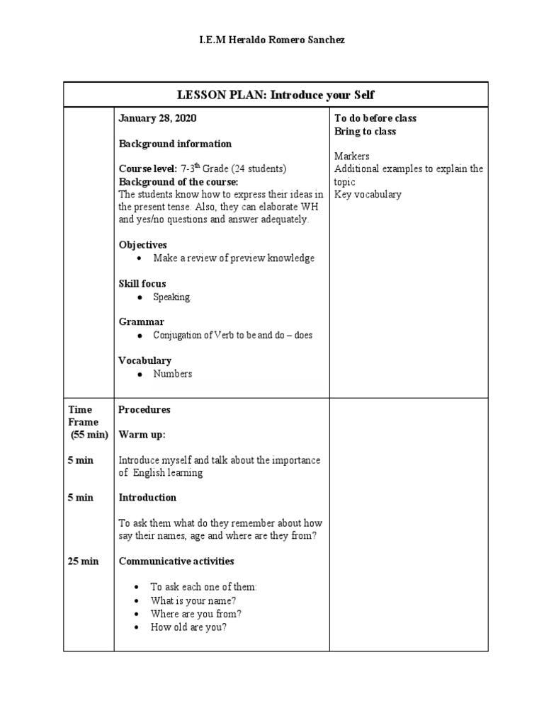 LESSON PLAN Introduce Yourself | PDF