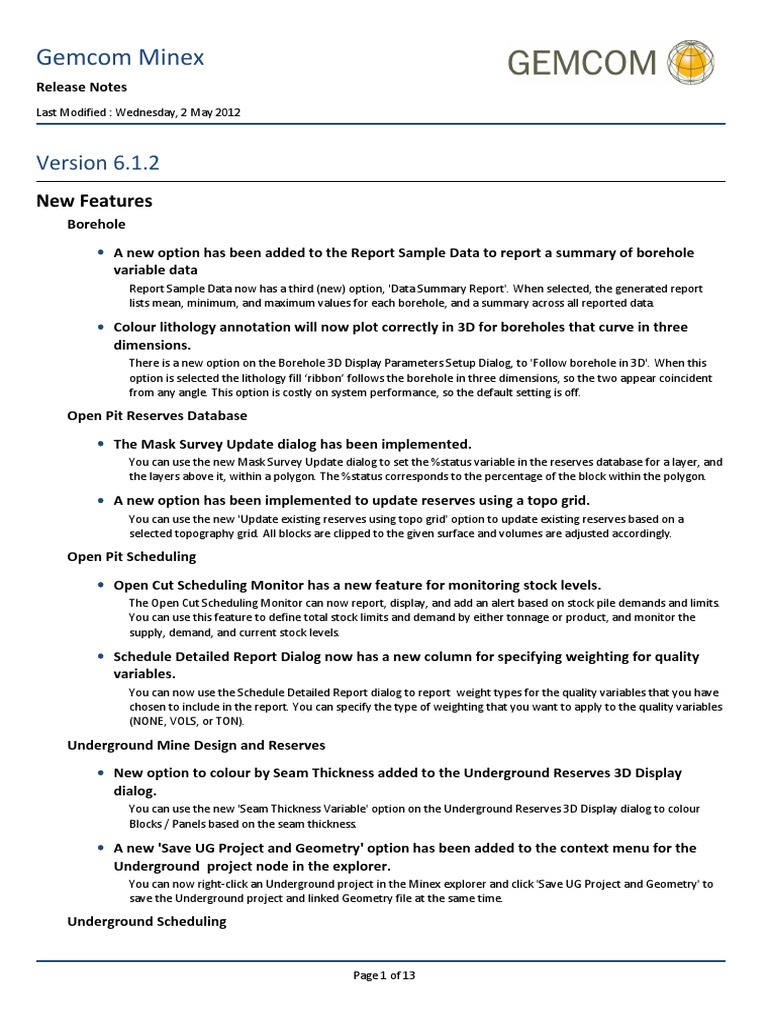 Gemcom Minex: New Features | PDF | Databases | Computer File