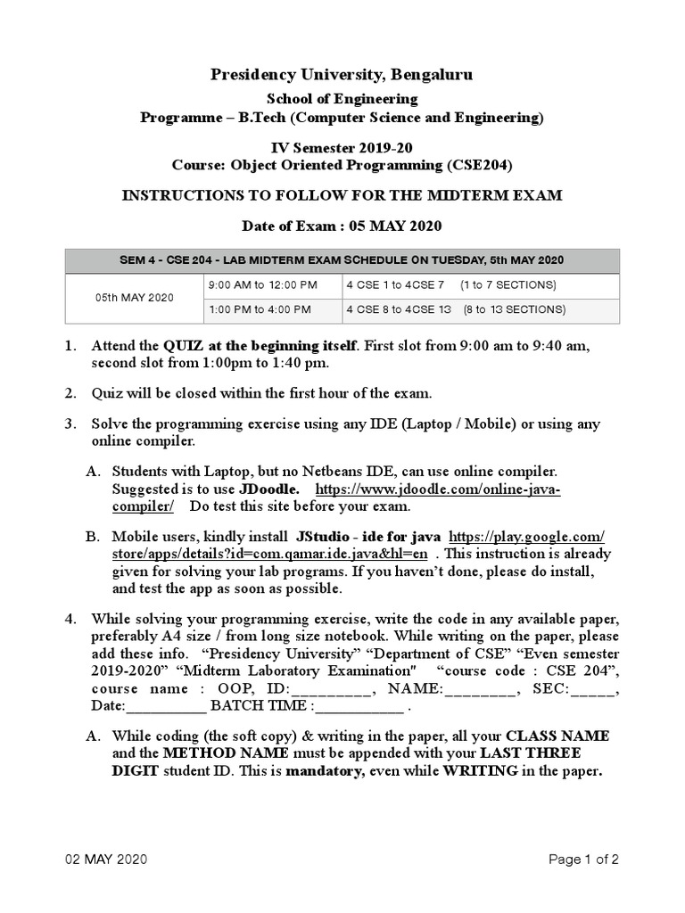 Presidency University, Bengaluru: Sem 4 - Cse 204 - Lab Midterm Exam Schedule On Tuesday, 5Th ...