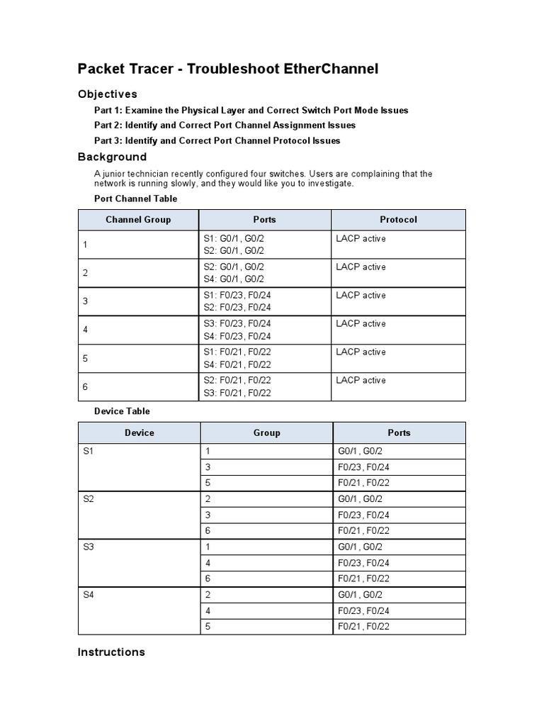 Packet Tracer - Troubleshoot Etherchannel: Objectives | PDF | Network Switch | Network Topology