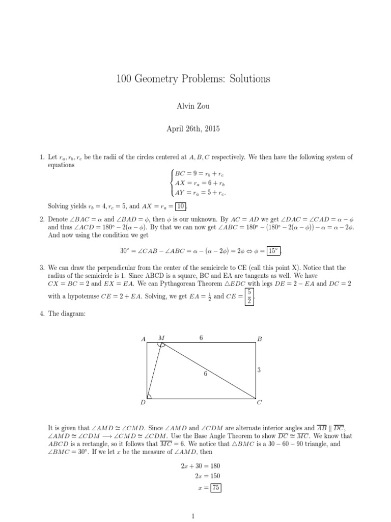 100 Geometry Problems: Solutions: Alvin Zou | PDF | Triangle | Rectangle