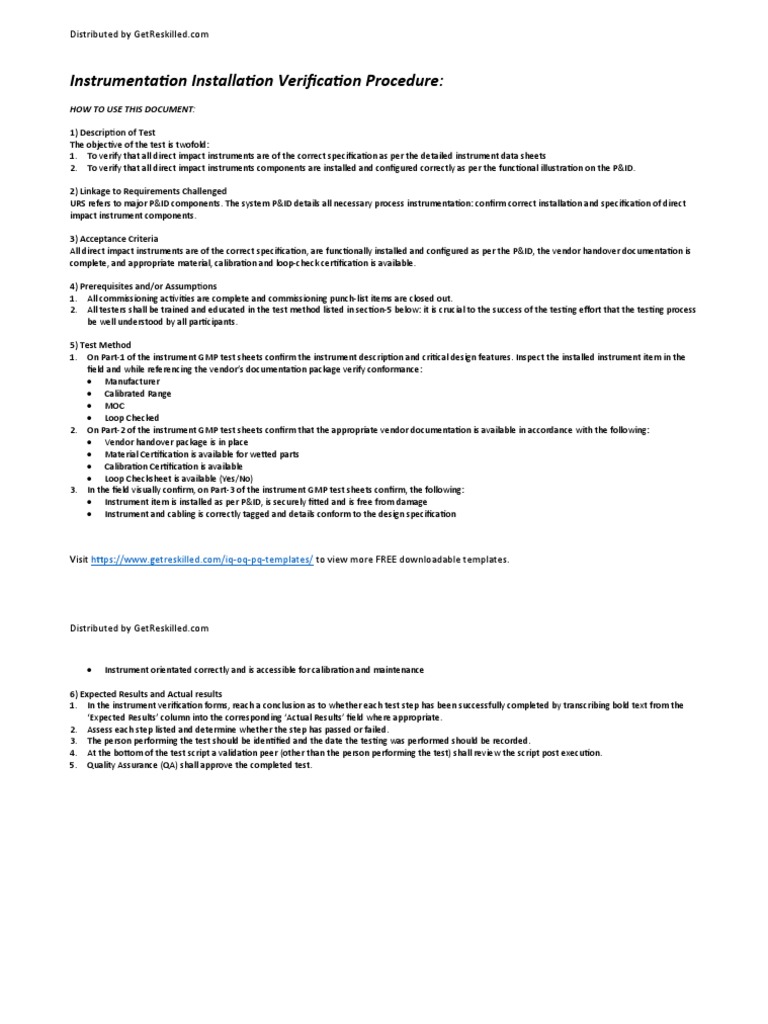 Instrumentation Installation Verification Procedure:: How To Use This Document | PDF ...