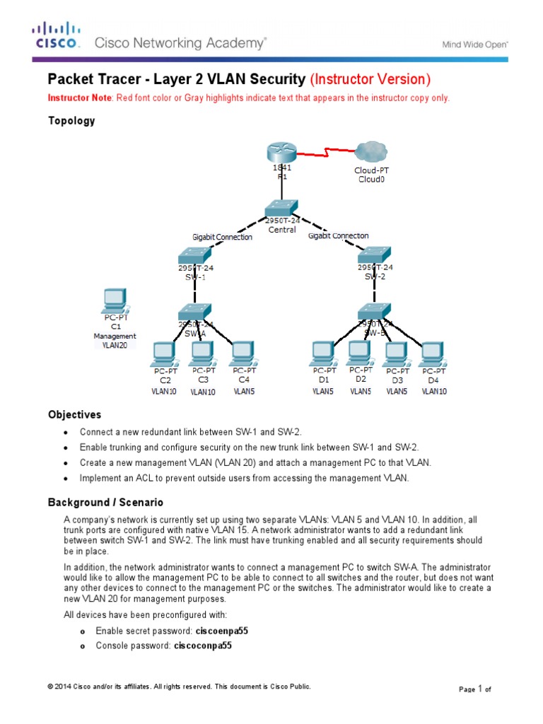 6.5.1.3 Packet Tracer - Layer 2 VLAN Security - T | PDF | Network Switch | Computer Network