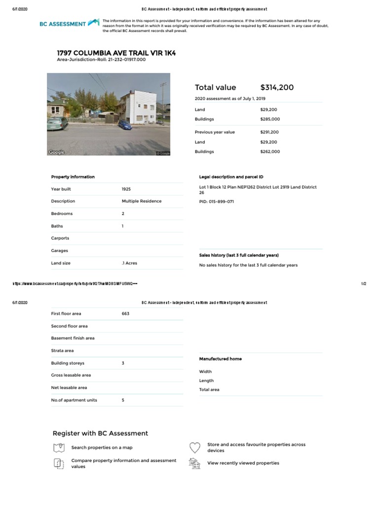 BC Property Assessment: 1797 Columbia Ave | PDF | Business