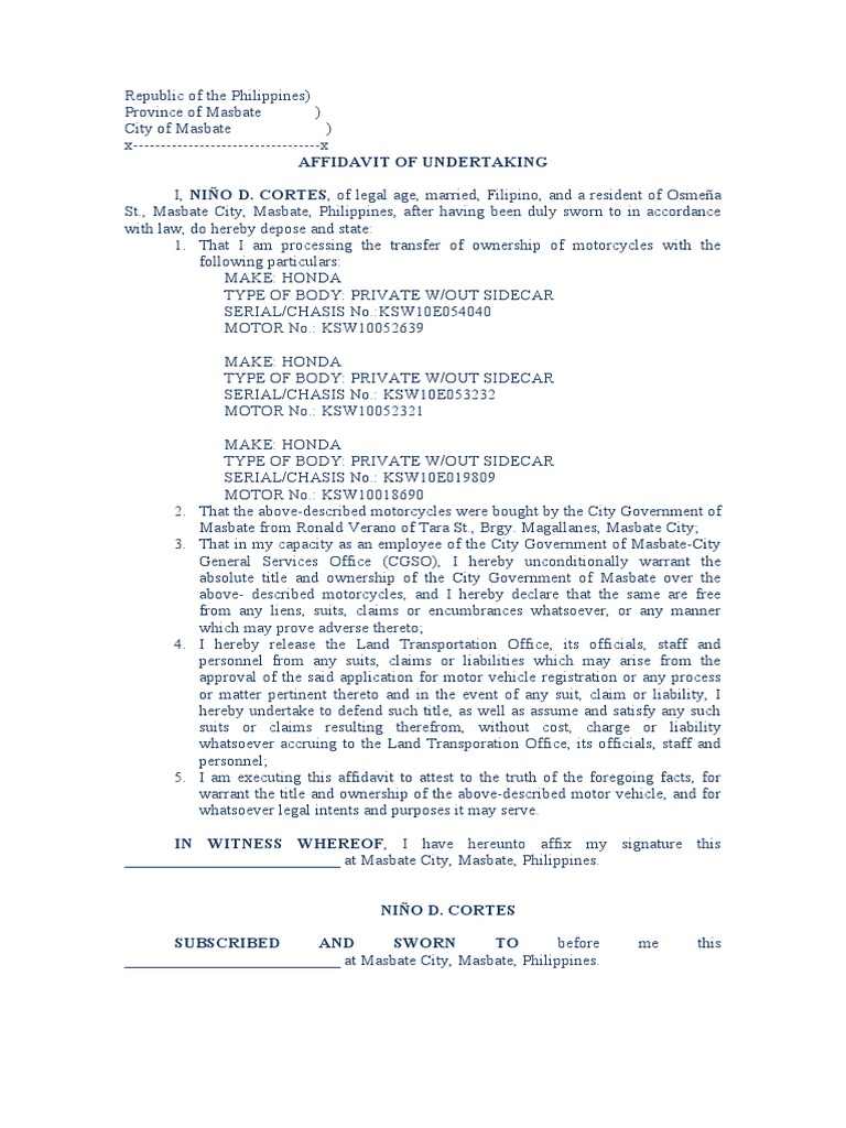 Aff of Undertaking LTO | PDF | Transport | Social Institutions