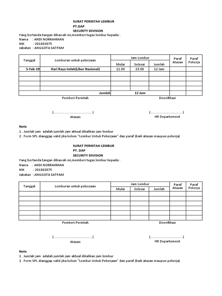 Surat Perintah Lembur PT - Dap Security Division: Jumlah 12 Jam | PDF