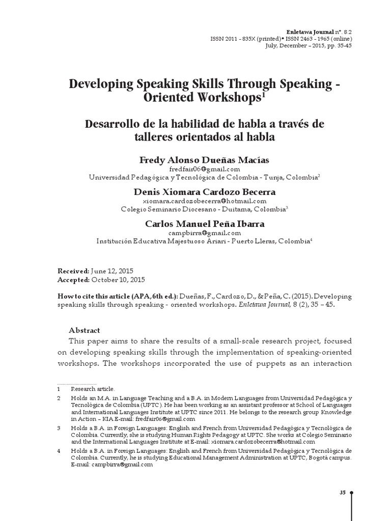 Developing Speaking Skills Through Speaking - Oriented Workshops | PDF | Fluency | English As A ...