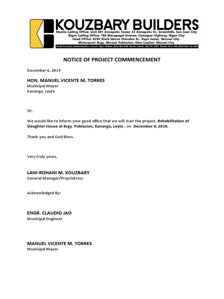 Notice of Project Commencement: Hon. Manuel Vicente M. Torres | PDF