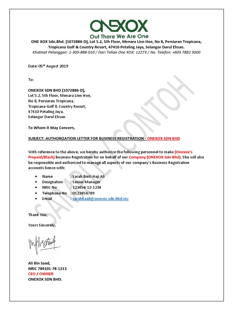 Authorization Letter for Onexox Registration | PDF