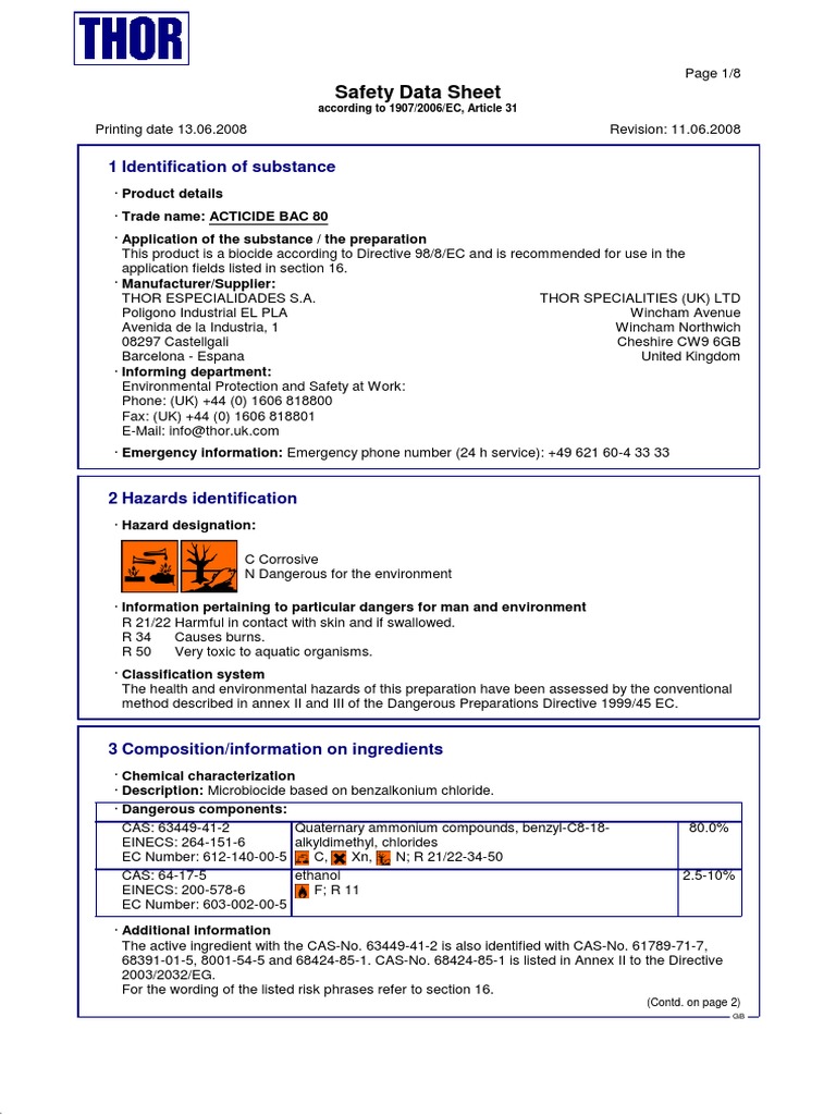 MSDS Acticide Bac 80 | PDF | Dangerous Goods | Toxicity