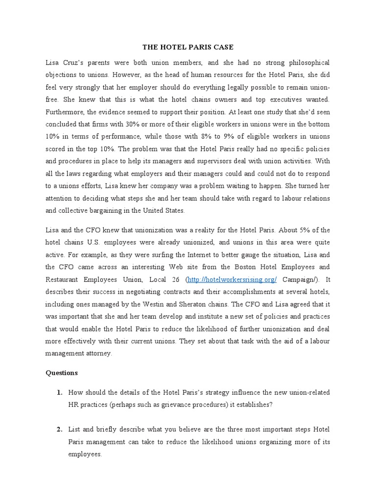 The Hotel Paris Case | PDF | Trade Union | Human Resources