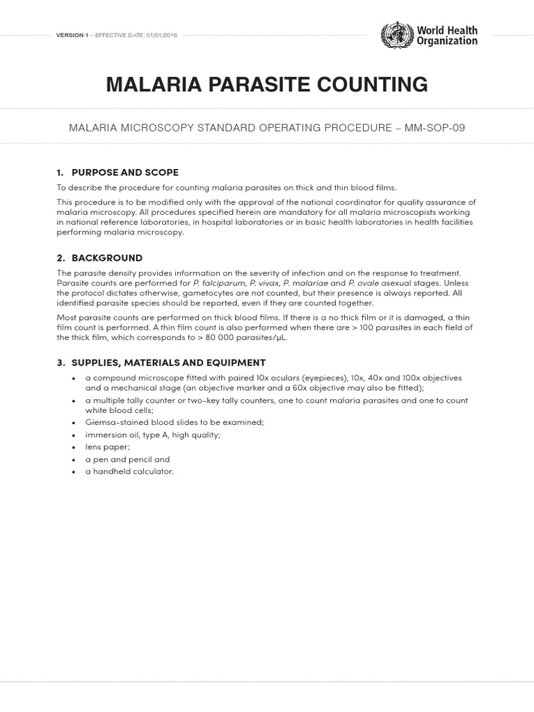 Malaria Parasite Counting: Malaria Microscopy Standard Operating ...