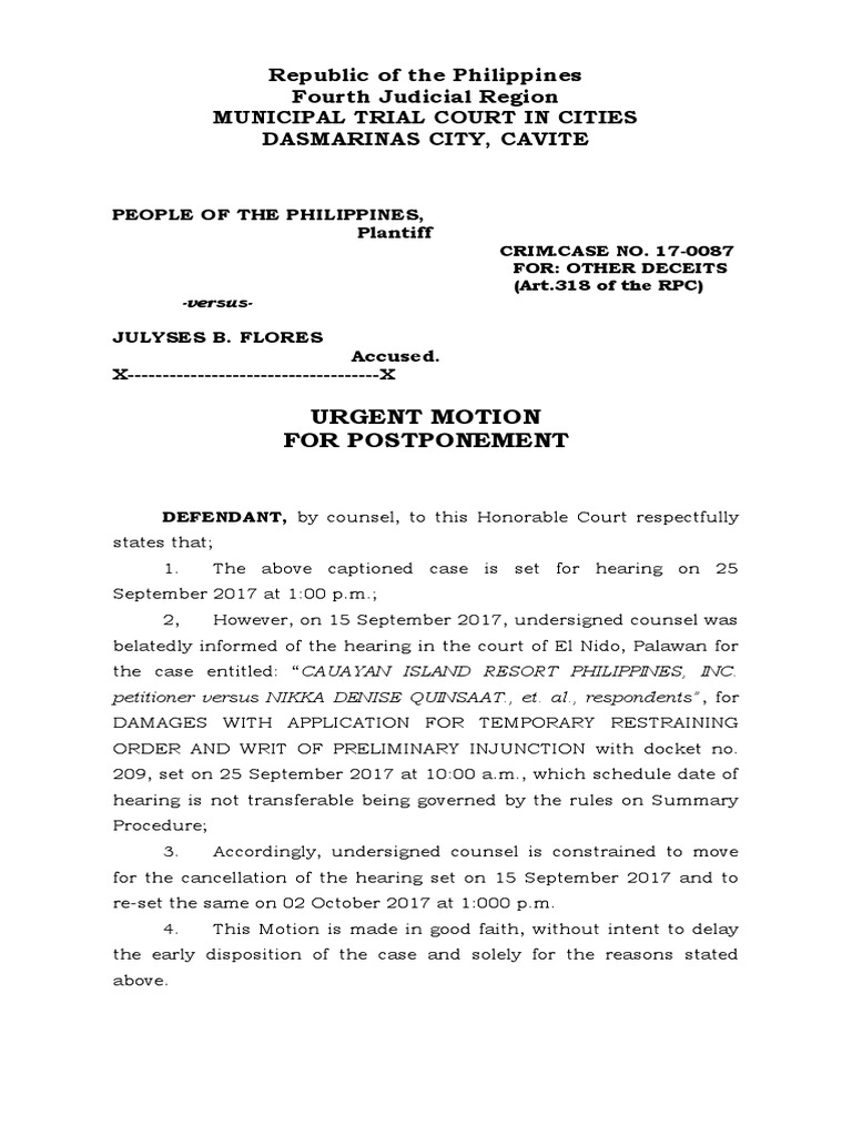 Motion For Posponement Urgent Ayangco2 | PDF | Courts | Judiciaries