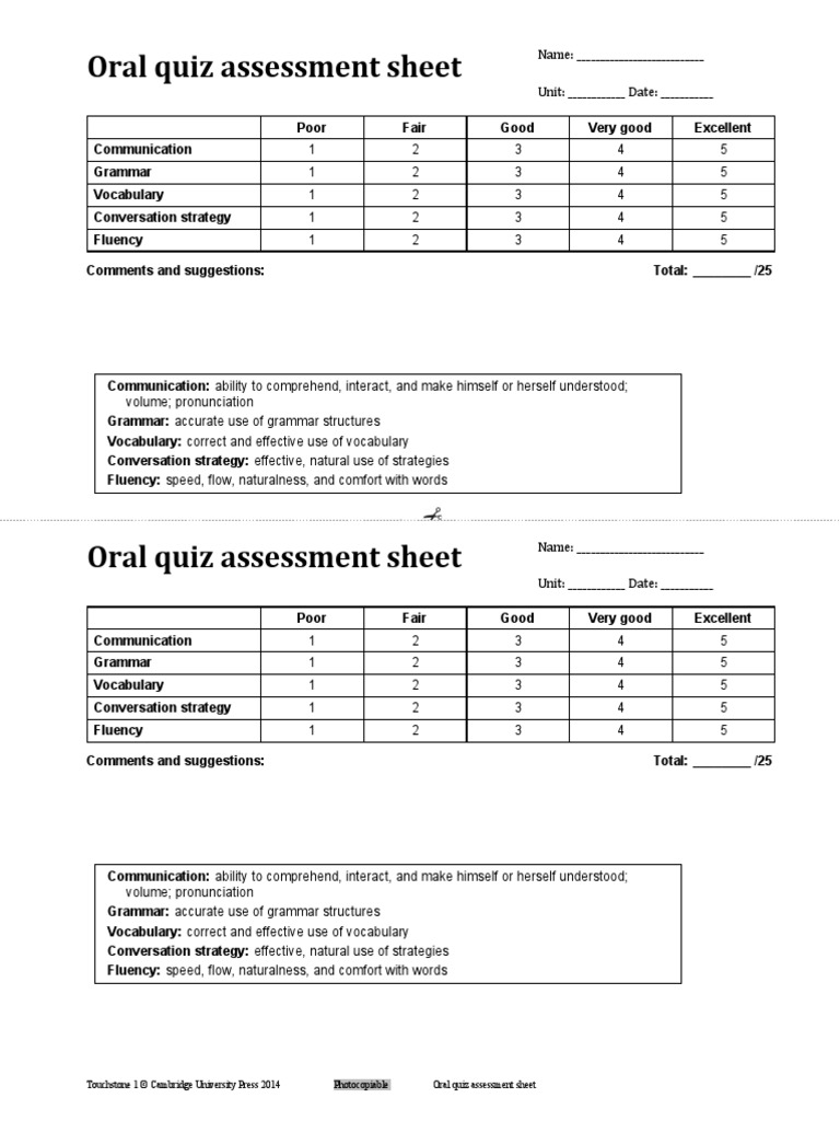 Touchstone 1 © Cambridge University Press 2014 Photocopiable Oral Quiz ...