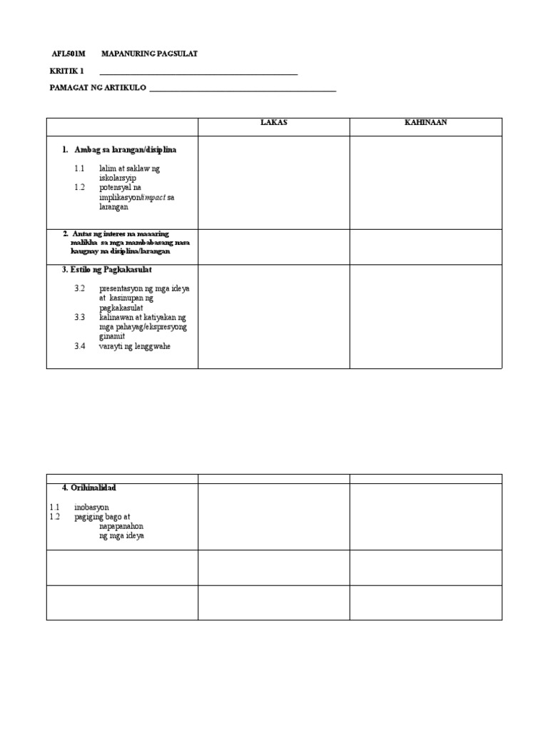 TEMPLATE para Sa Kritik NG Artikulo | PDF