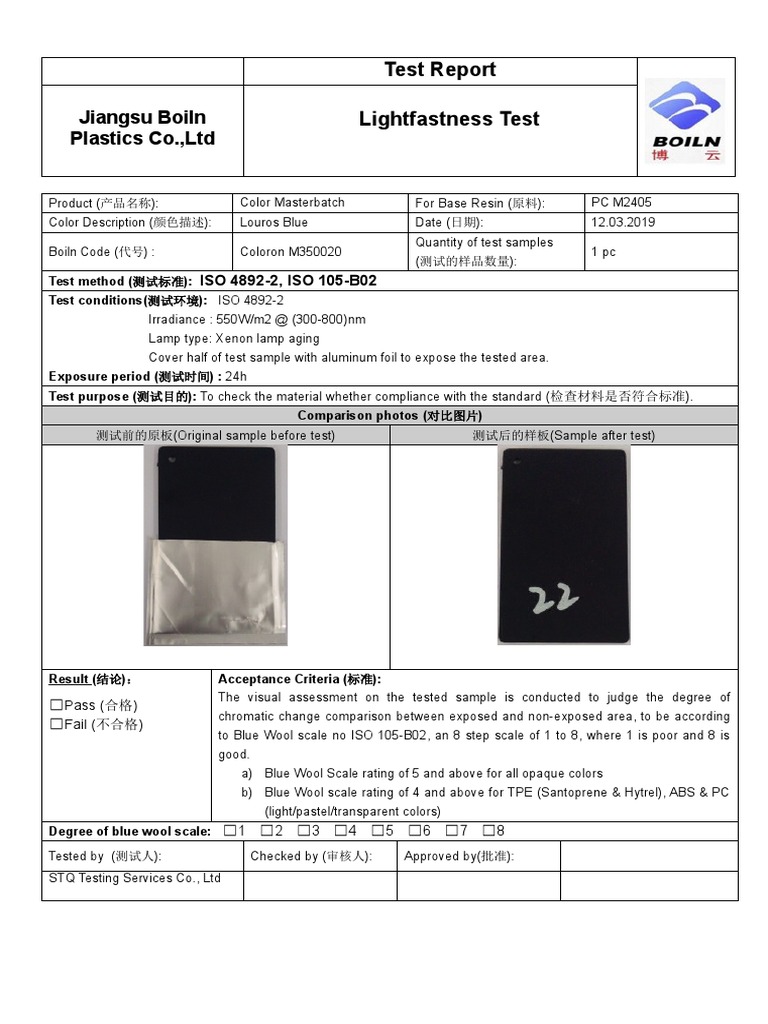 Jiangsu Boiln Plastics Co.,Ltd: Test Report Lightfastness Test | PDF