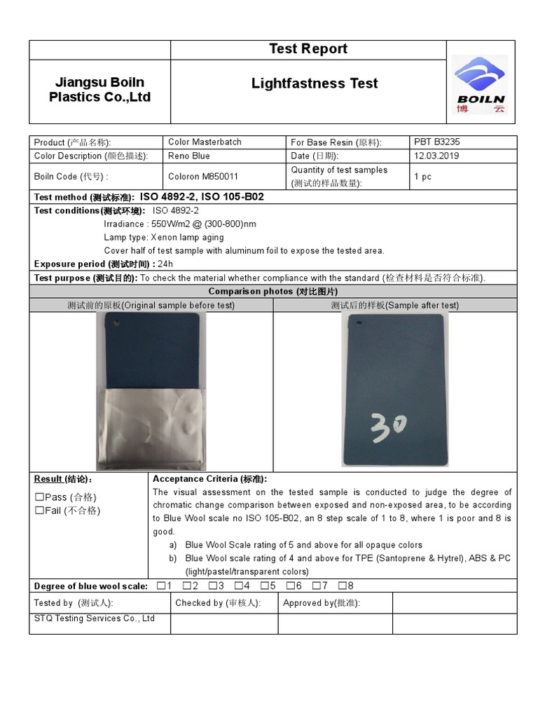 Jiangsu Boiln Plastics Co.,Ltd: Test Report Lightfastness Test | PDF