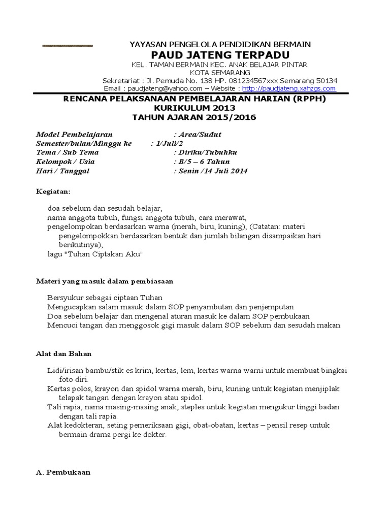 RPPH PAUD: Model Pembelajaran Area/Sudut | PDF | Karier & Perkembangan ...