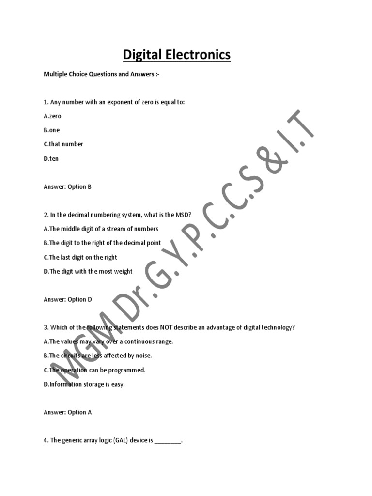 Digital Electronics: Multiple Choice Questions and Answers | PDF ...