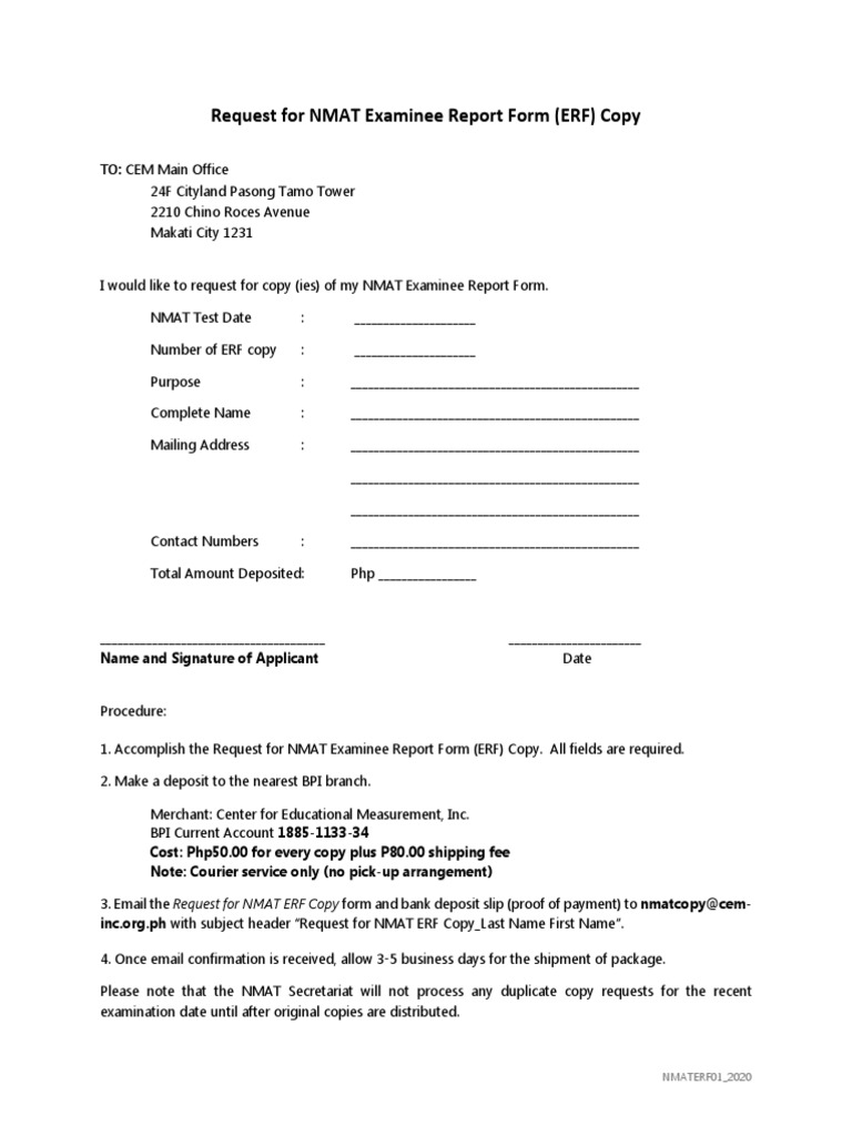 Request For NMAT Examinee Report Form (ERF) Copy: Name and Signature of ...