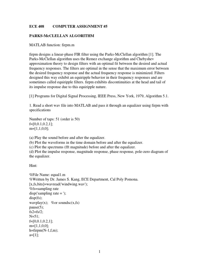 ECE 408 Computer Assignment #5 Parks-Mcclellan Algorithm | PDF ...