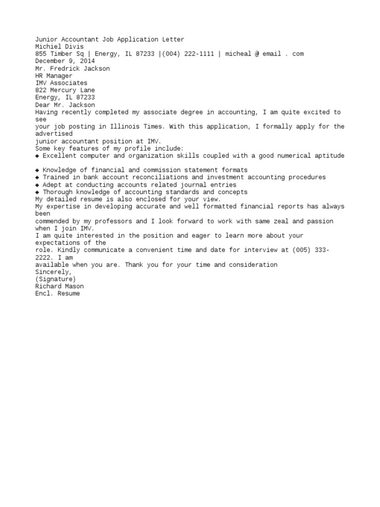 Junior Accountant Application Letter | PDF | Business