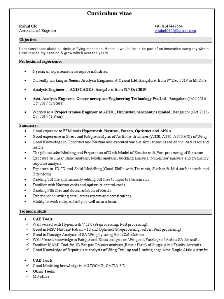 Rahul CR - Resume - Optistruct | PDF | Fatigue (Material) | Buckling