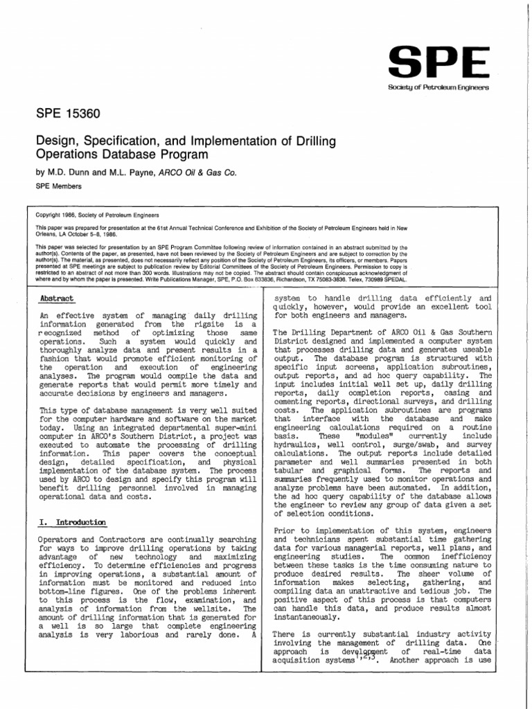 SPE 15360 Design, Specification, and Implementation of Drilling Operations Database Program ...