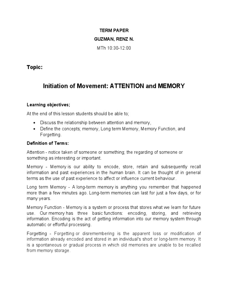 Initiation of Movement: ATTENTION and MEMORY: Topic | PDF | Working Memory | Memory