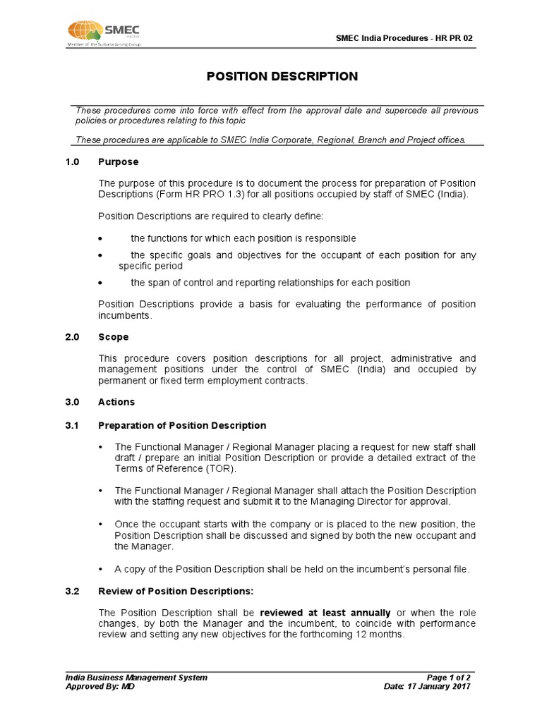 SMEC India Position Description Procedures | PDF | Government ...