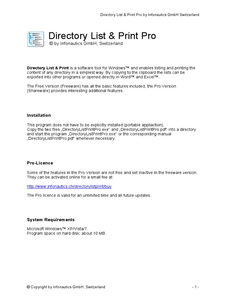 Directory List & Print Pro: © by Infonautics GMBH, Switzerland | PDF ...