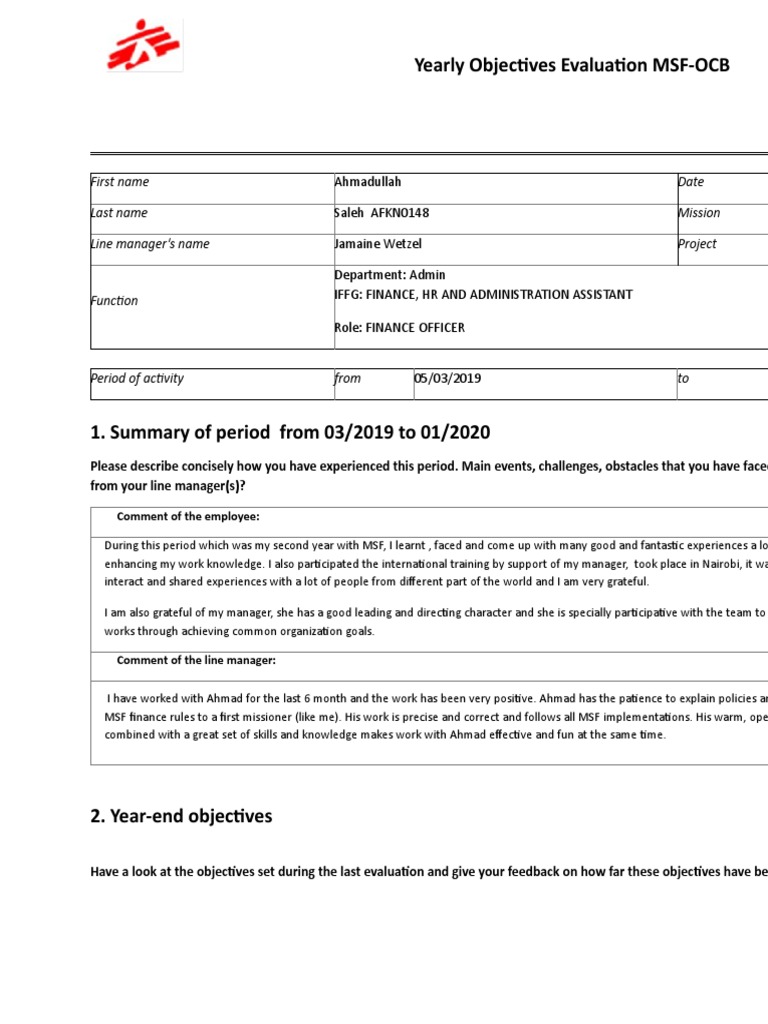 Yearly Objectives Evaluation MSF-OCB: First Name Date Last Name Mission ...