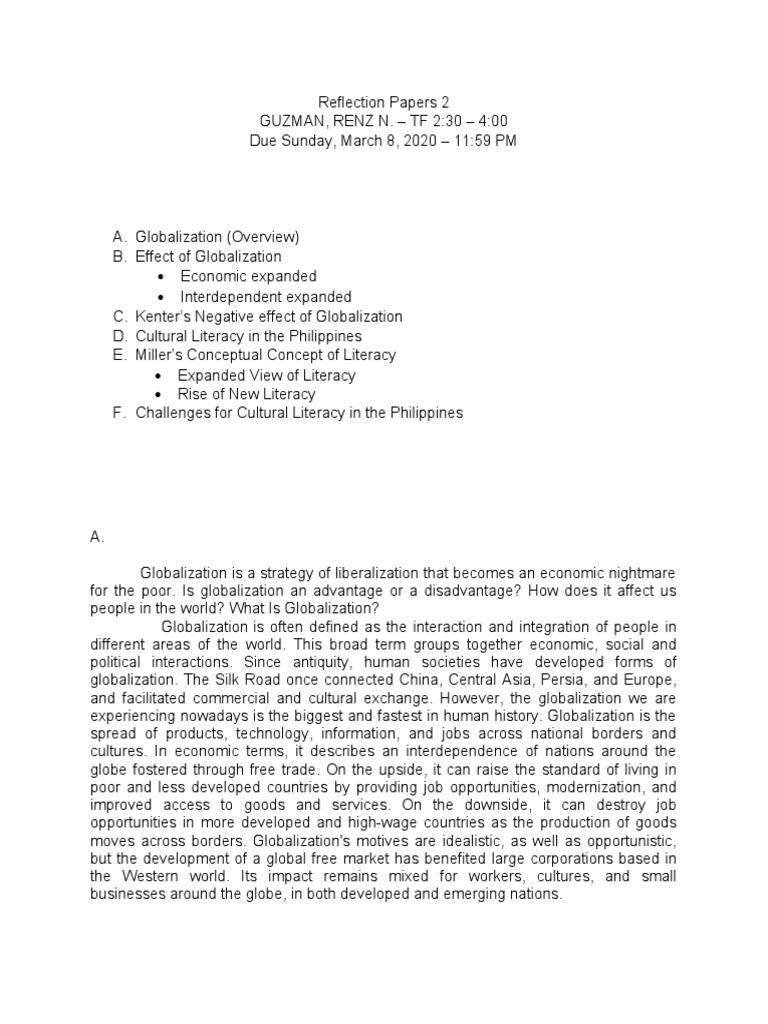 Reflection Papers 2 Renz 1.edited | PDF | Literacy | Globalization
