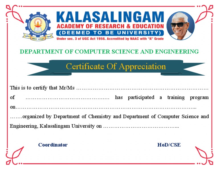 Certificate of Appreciation: Department of Computer Science and ...
