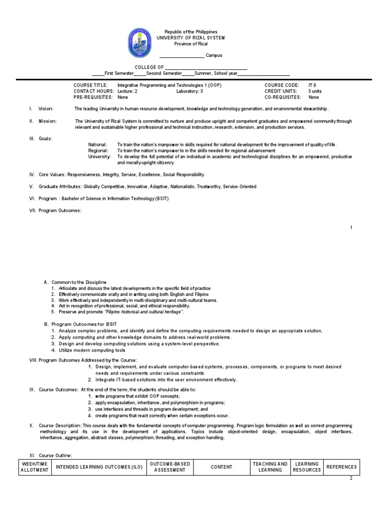 Integrative Programming and Technologies 1 Oop - Syll | Download Free ...