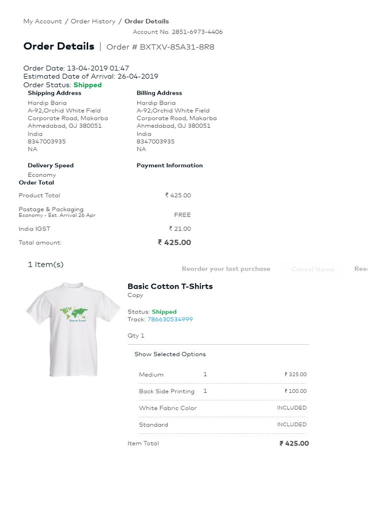Order Details: Order # BXTXV-85A31-8R8 | PDF