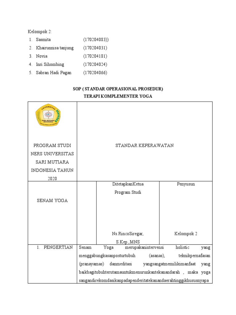 SOP Terapi Komplementer Senam Yoga Kelompok 2.docx1 | PDF