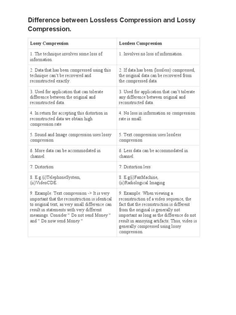 Difference Between Lossless Compression and Lossy Compression | PDF | Data Compression | Codec