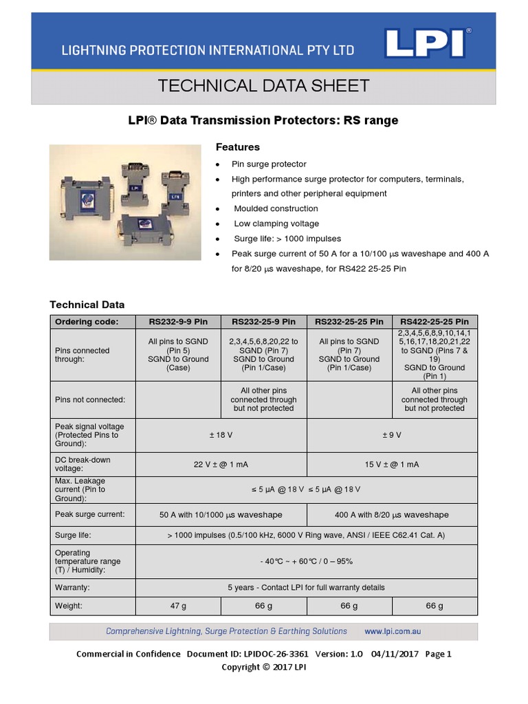Technical Data Sheet: LPI® Data Transmission Protectors: RS Range | PDF ...
