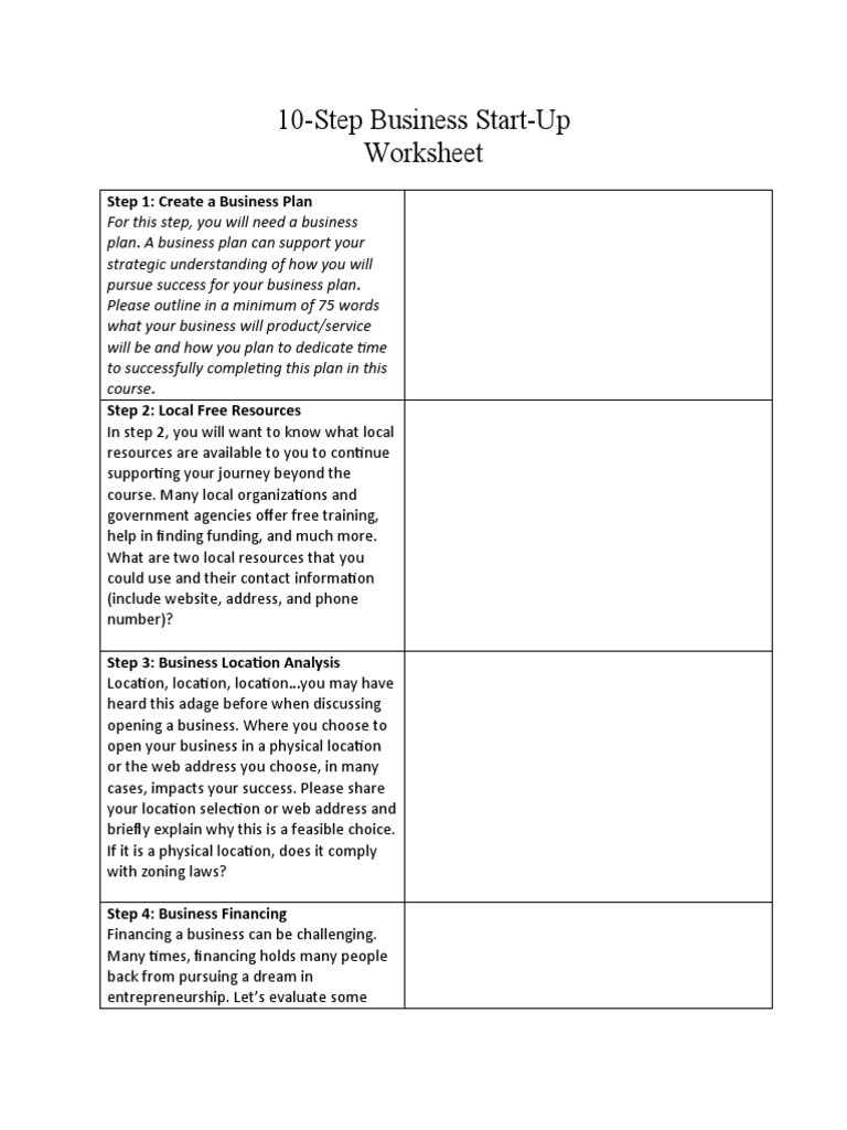 10 Step Business Start Up Worksheet and Summary | PDF | Small Business ...