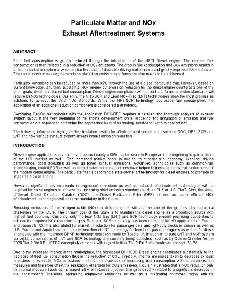 Particulate Matter and Nox Exhaust Aftertreatment Systems | PDF | N Ox ...