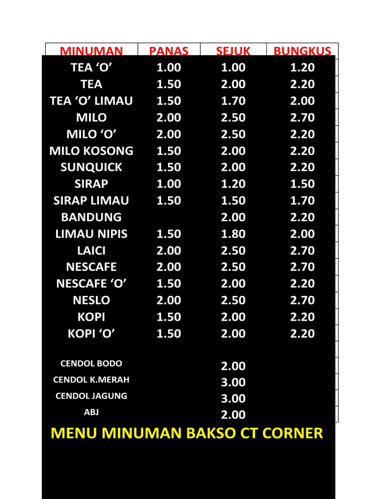 Menu Minuman Bakso CT Corner: Minuman Panas Sejuk Bungkus | PDF