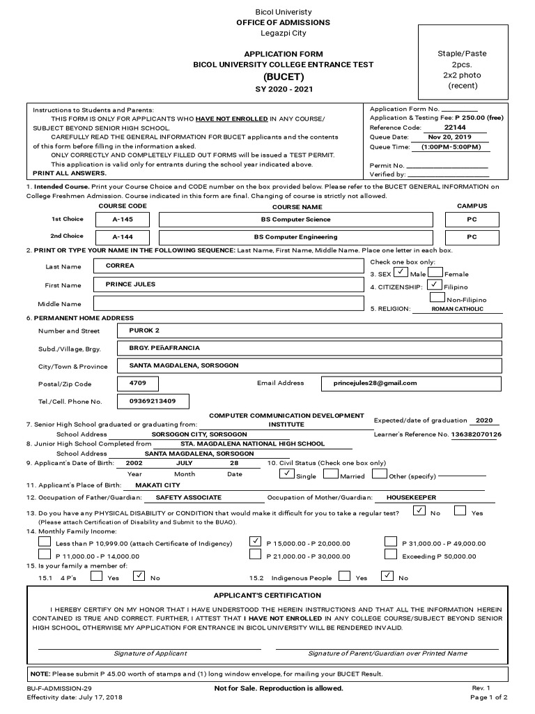 BUCET - Application Form Correa | PDF