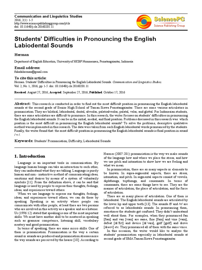 Students' Difficulties in Pronouncing The English Labiodental Sounds ...