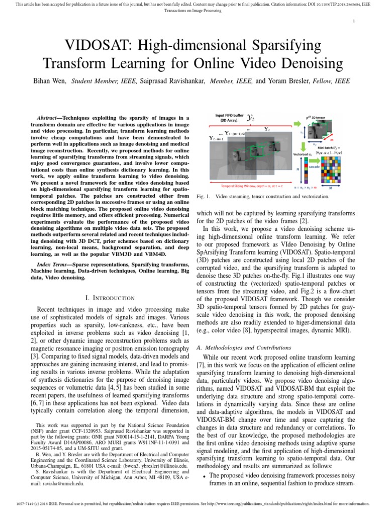 VIDOSAT: High-Dimensional Sparsifying Transform Learning For Online Video Denoising | PDF ...