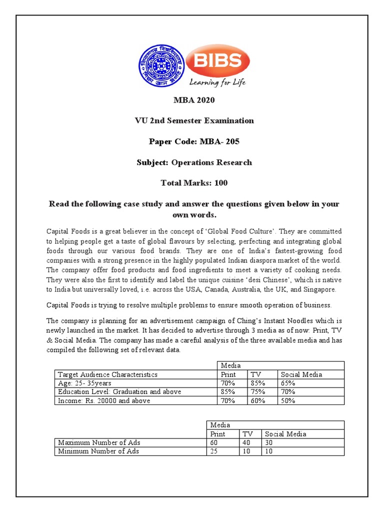 MBA 205 - OPERATIONS RESEARCH - 2nd SEM | PDF | Foods | Advertising