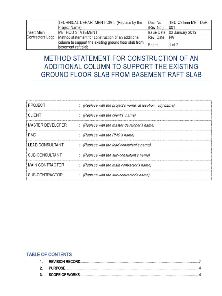 Method Statement For Construction of An Additional Column To Support ...